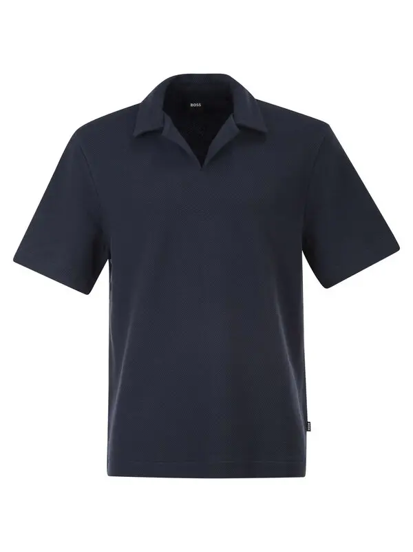 BOSS Textured Cotton Polo Shirt With Open Collar - Blue