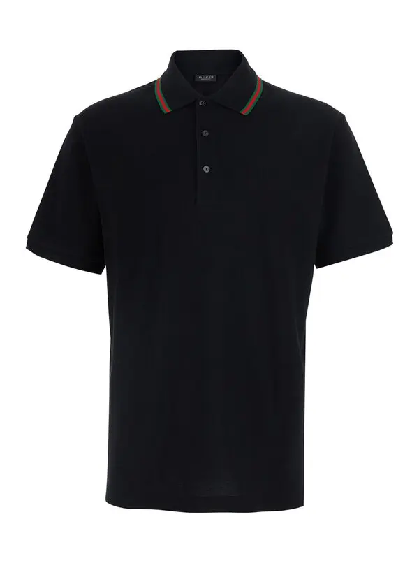 Gucci Polo Shirt With Web Collar And Short Sleeves In Cotton For - Black