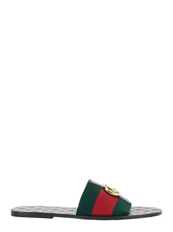 Gucci Riviera' Black Sandals With Web Stripe And Metallic Gg Logo In Leather And Tech Fabric - Multicolor