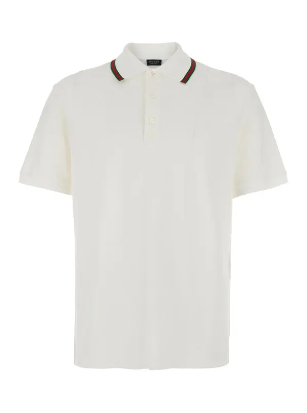 Gucci Polo Shirt With Web Collar And Short Sleeves In Cotton For - White