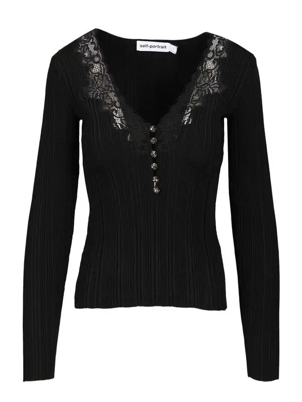 SELF-PORTRAIT Knitted Top With Lace - Black