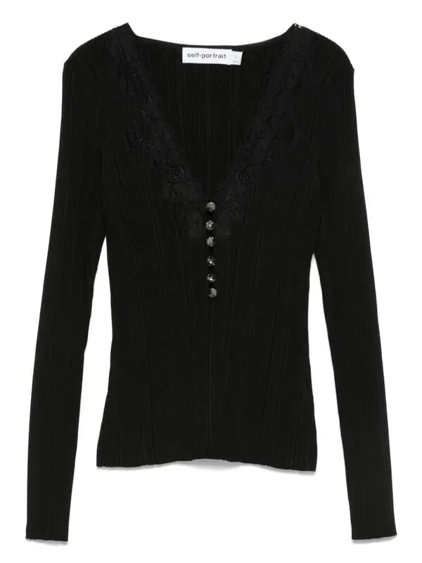 SELF-PORTRAIT Ribbed Knit Top With Lace Trim