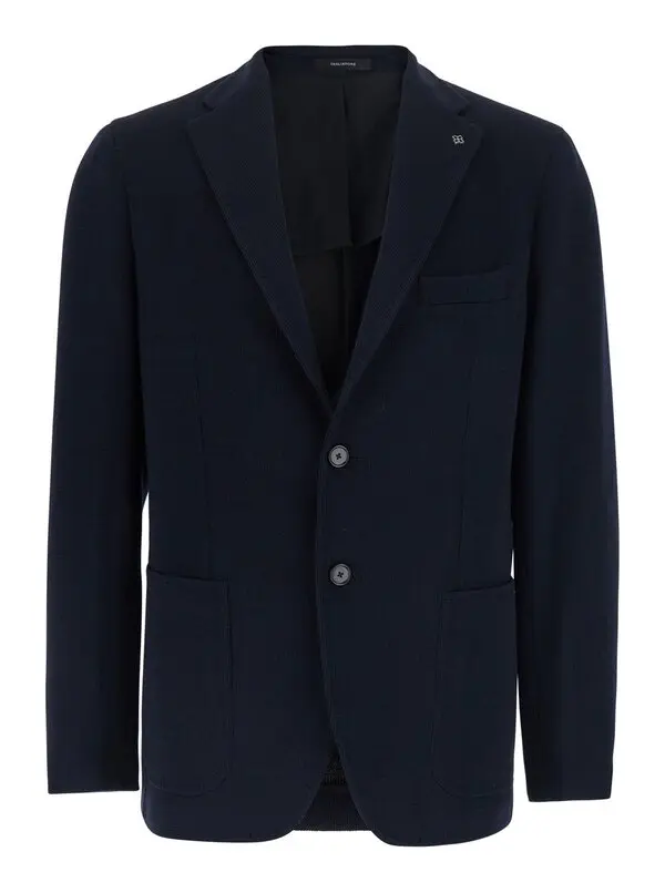 Tagliatore Blue Single-breasted Jacket With Notched Revers And Brooch In Wool For