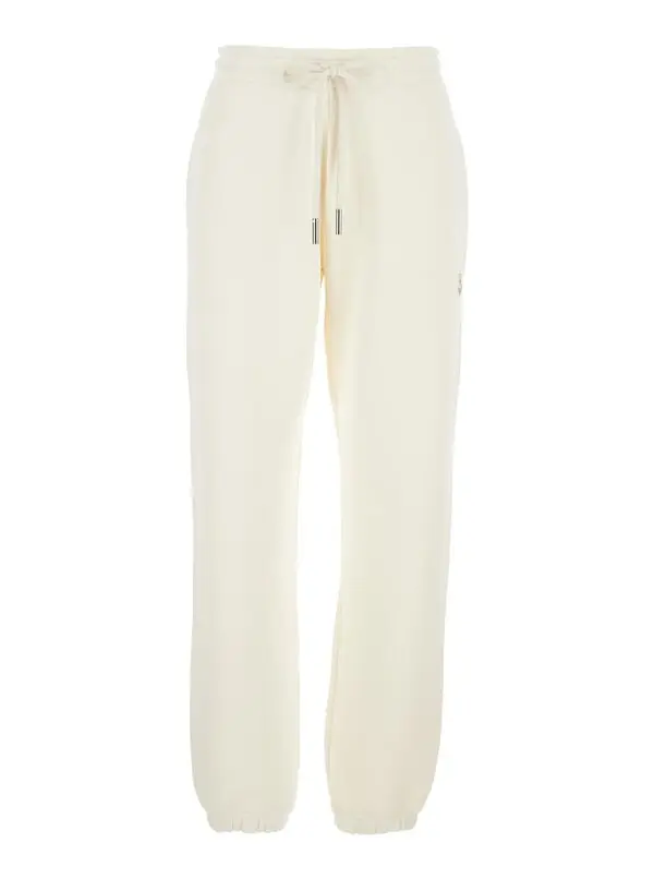 Moncler White Pants With Elastic Drawstring Waist And Logo Patch On The Side In Cotton Blend - Multicolor