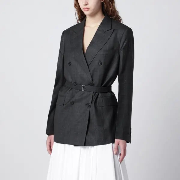 Prada Double-breasted Wool Jacket With Check Pattern - Gray