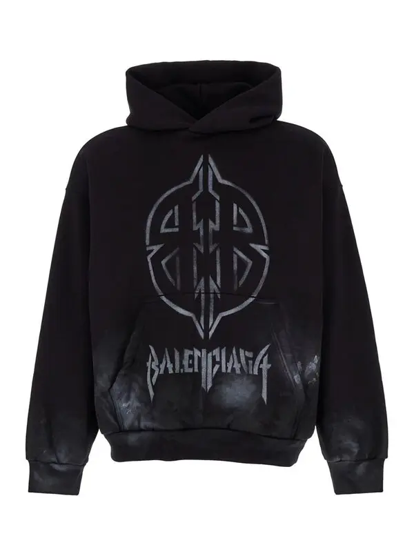 Balenciaga Black Hoodie With Metal Bb Stencil Motif In Dirty Effect Cotton - Multicolor