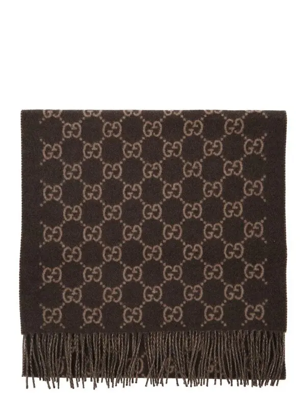 Gucci Scarf 'gg' With All-over Motif And Fringed Edge In For - Brown