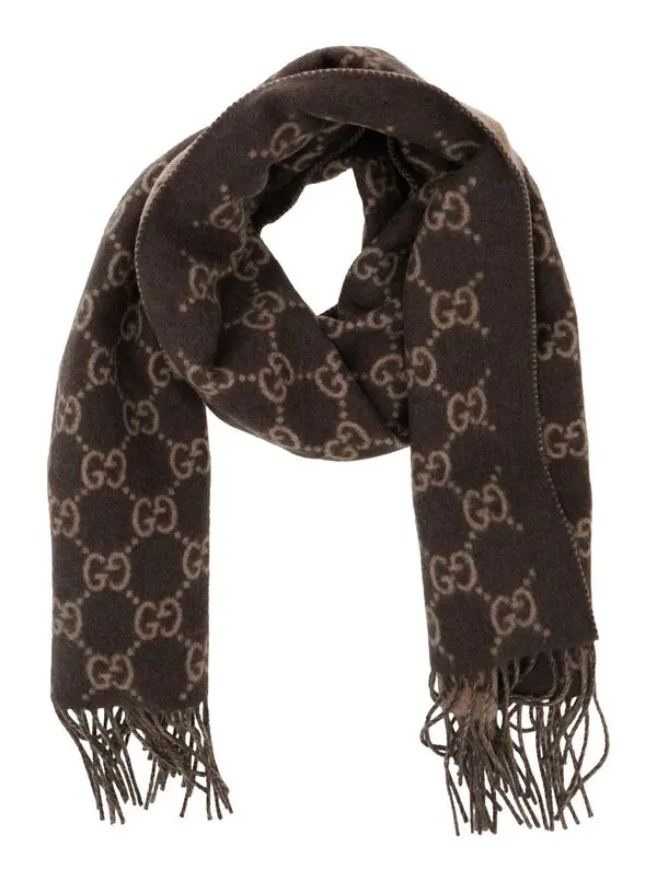 Gucci Scarf 'gg' With All-over Motif And Fringed Edge In For - Brown
