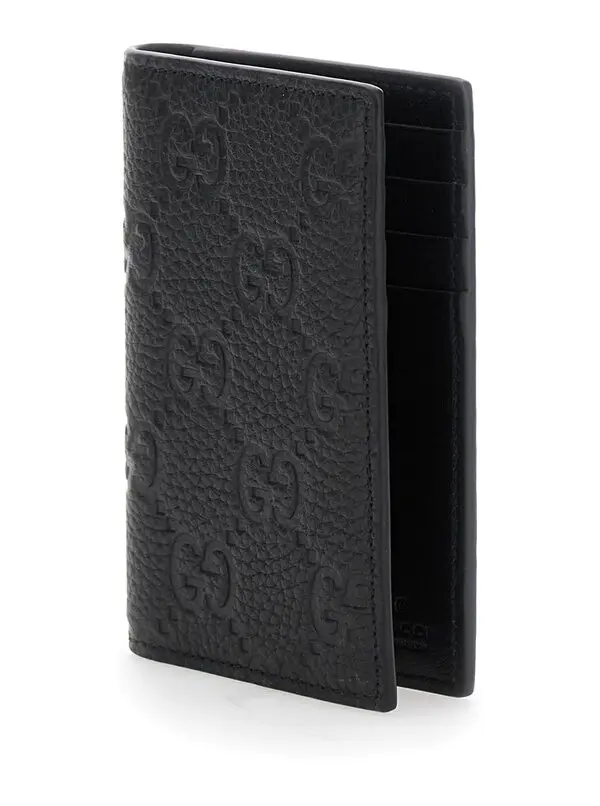 Gucci Bi-fold Wallet With Vertical Design In Grained Gg Leather Black