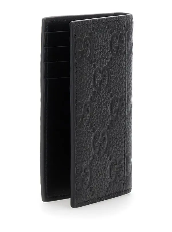 Gucci Bi-fold Wallet With Vertical Design In Grained Gg Leather Black
