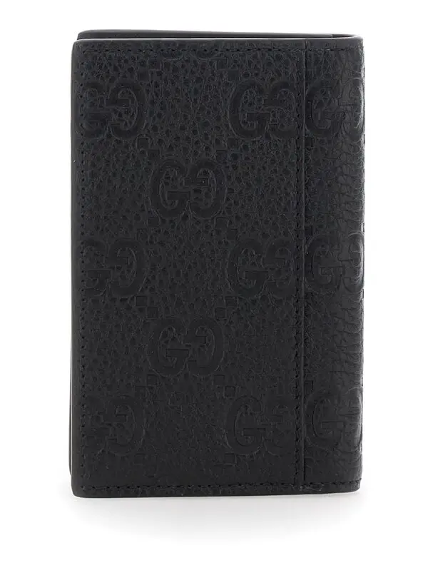 Gucci Bi-fold Wallet With Vertical Design In Grained Gg Leather Black
