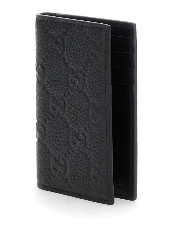Gucci Bi-fold Wallet With Vertical Design In Grained Gg Leather Black