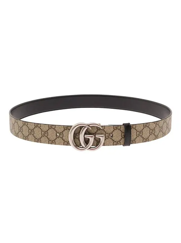 Gucci Reversible Belt With Double G Buckle In Gg Canvas And Beige Leather For - Multicolor