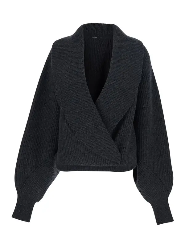 Balmain Grey Sweater With Weap Effect And Wide Revers In Wool - Multicolor