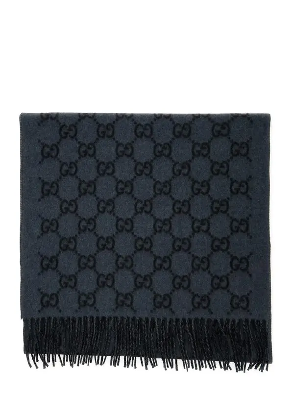 Gucci Fringed Edge Scarf With Gg Jacquard Motif In Cashmere For - Gray