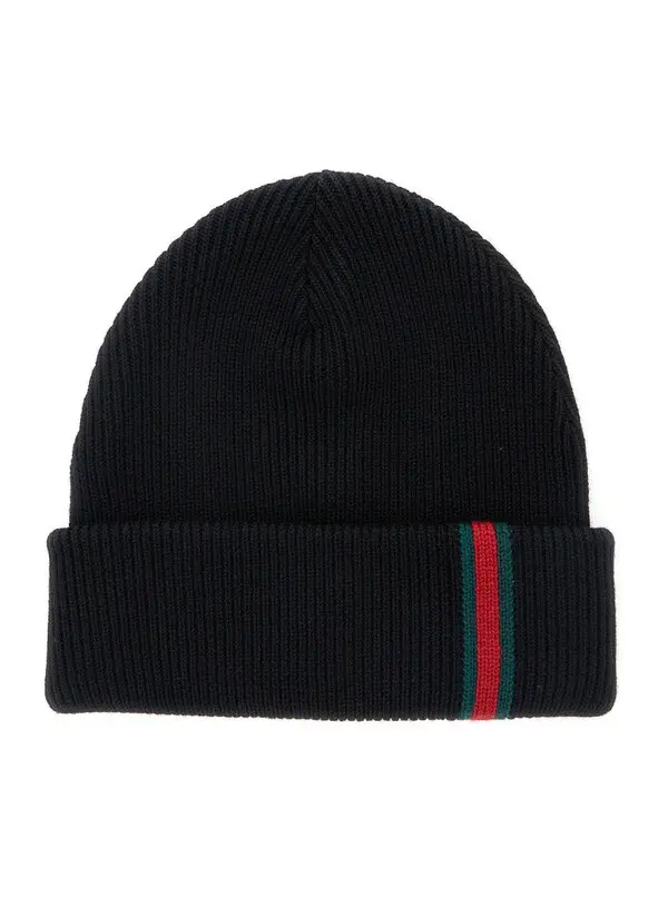 Gucci Hat With Ribbed Work And Web Detail On The Front In Black Wool For