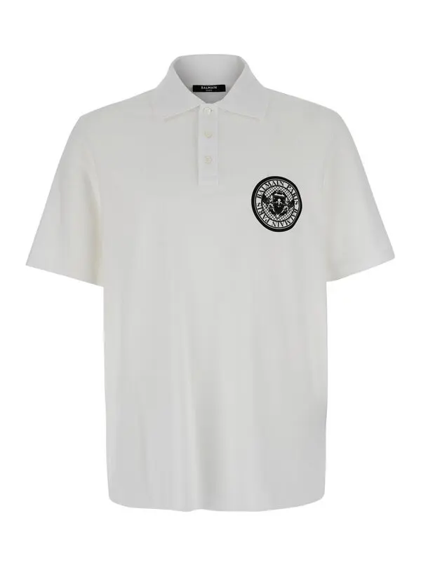 Balmain White Polo Shirt With Collar And Coin Print On The Front In Cotton - Multicolor