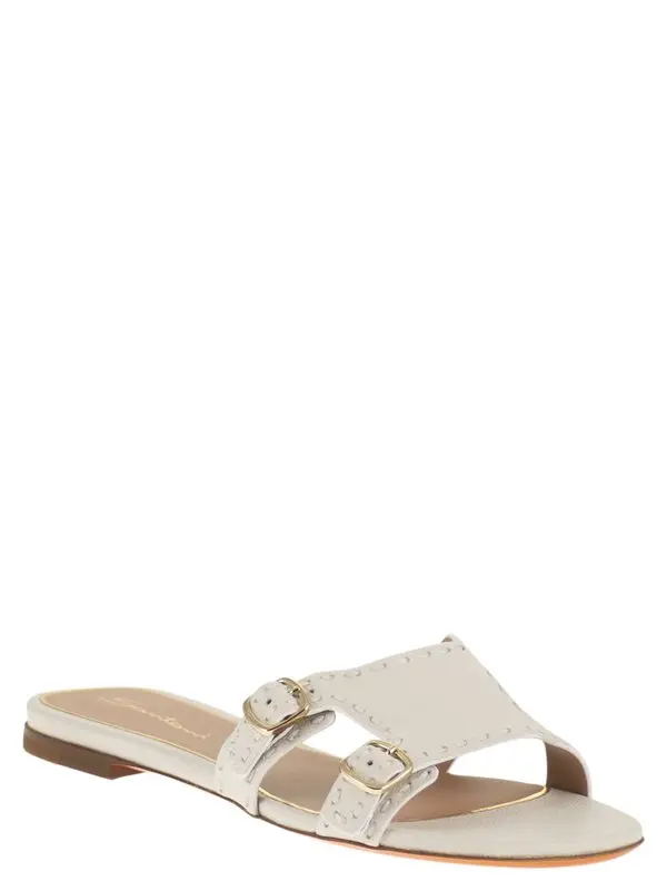 Santoni Leather Flat Sandals With Double Buckle Straps - White