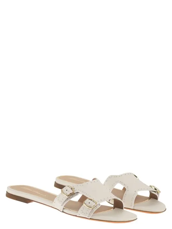 Santoni Leather Flat Sandals With Double Buckle Straps - White