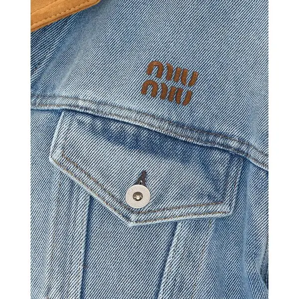 Miu Miu Washed Denim And Suede Logo Denim Jacket