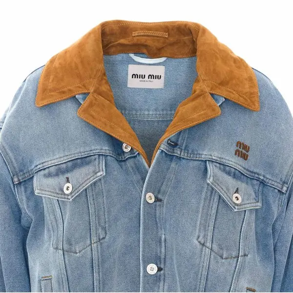 Miu Miu Washed Denim And Suede Logo Denim Jacket