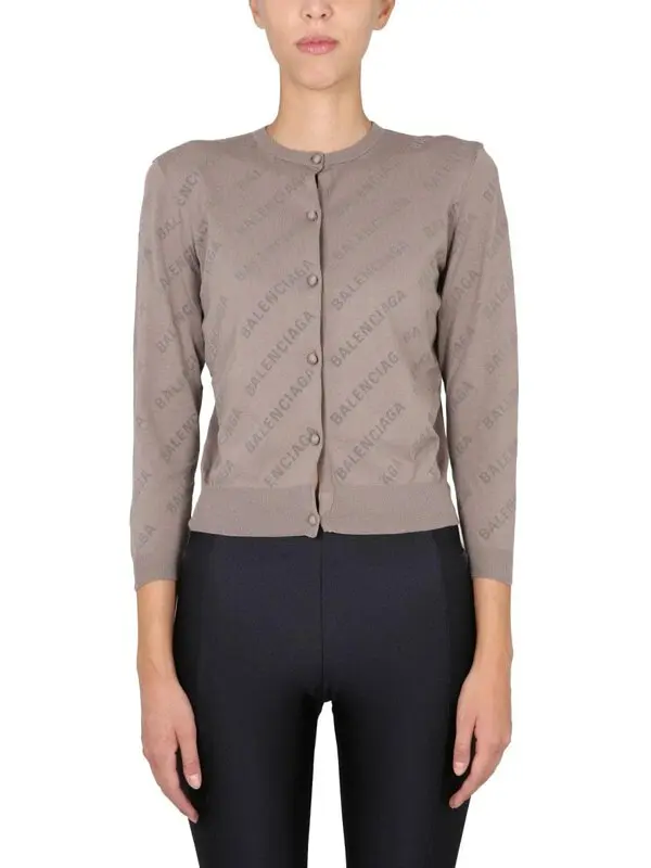 Balenciaga Allover Logo Cropped Cardigan - Cream