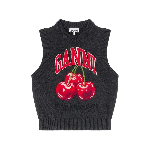 GANNI Sleeveless Knit Cherry Detail Tank - Gray