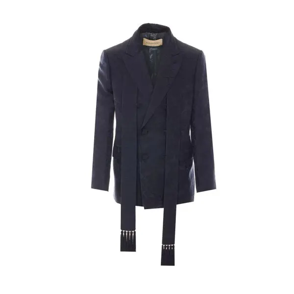 Valentino Garavani Double Breasted Jacket With Fringed Scarf - Blue