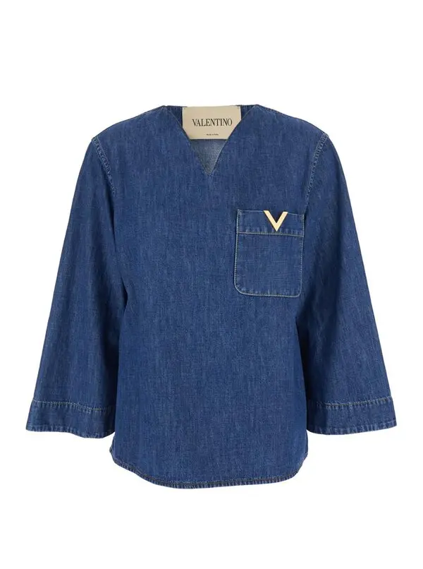 Valentino Garavani V-neck Blouse With Vlogo Plaque On The Front In Blue Cotton For - Multicolor