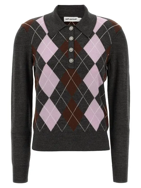 SELF-PORTRAIT Grey Argyle Lightweight' Sweater