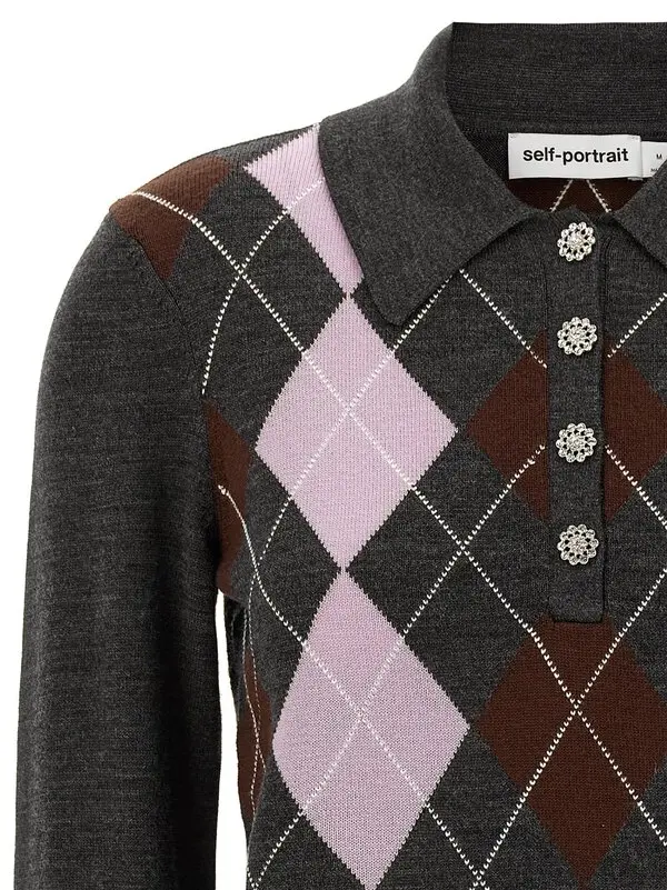 SELF-PORTRAIT Grey Argyle Lightweight' Sweater
