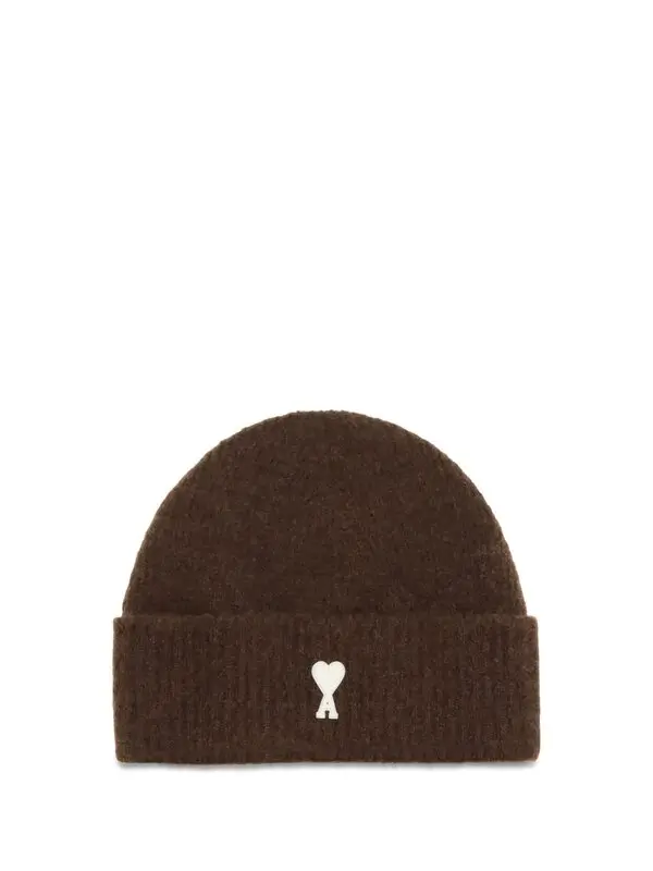 AMI Paris De Coeur Wool Beanie - Brown