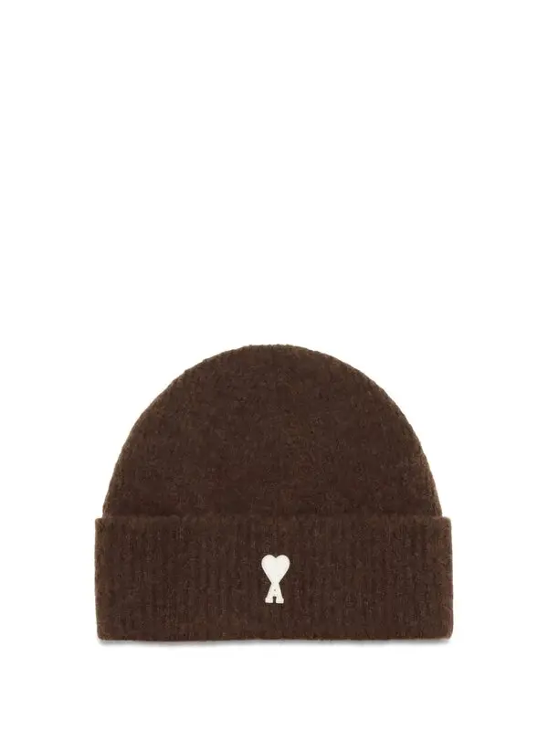 AMI Paris De Coeur Wool Beanie - Brown