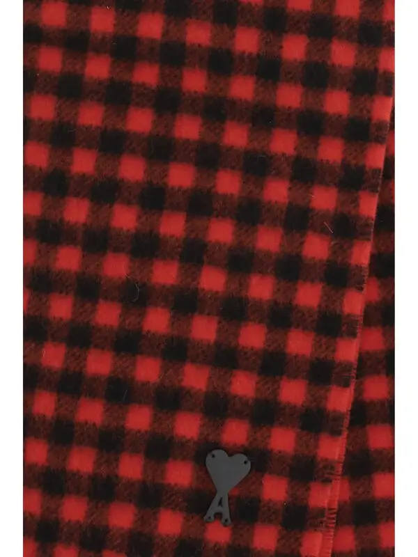 AMI Paris De Coeur Checked Wool Scarf - Red