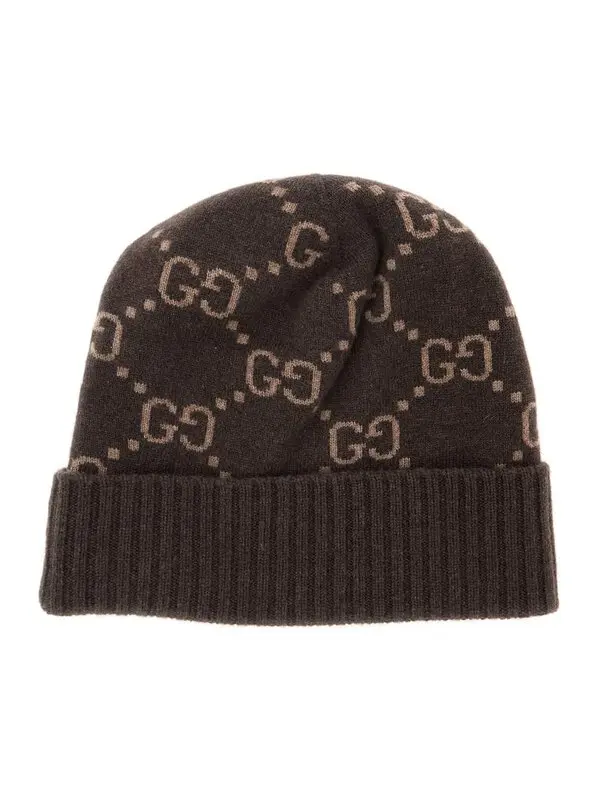 Gucci Gg Jacquard' Hat With Brim And Cuff In Cashmere - Brown