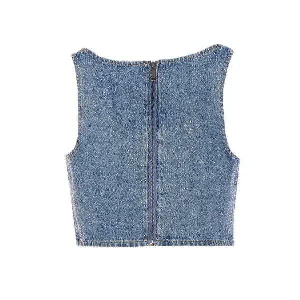 SELF-PORTRAIT Rhinestone Embellished Denim Crop Top - Blue