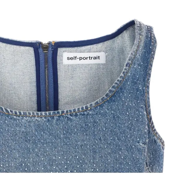 SELF-PORTRAIT Rhinestone Embellished Denim Crop Top - Blue
