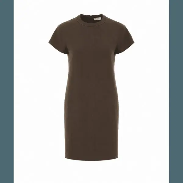 Brunello Cucinelli Viscose And Linen Fluid Twill T-shirt Dress With Shiny Trim - Brown