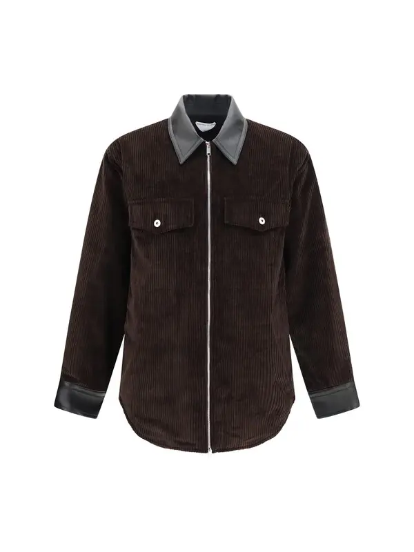 Bottega Veneta Corduroy Jacket With Leather Collar - Brown