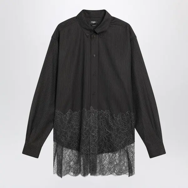 Fendi Espresso Pinstriped Wool Shirt With Lace