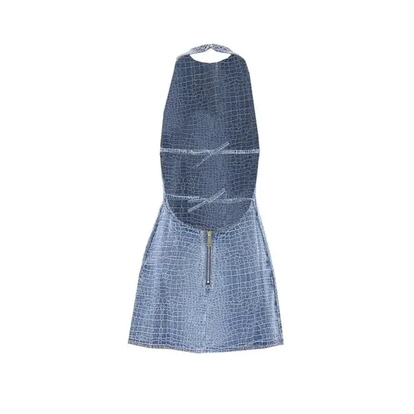 SELF-PORTRAIT Rhinestone Croc Effect Denim Mini Dress