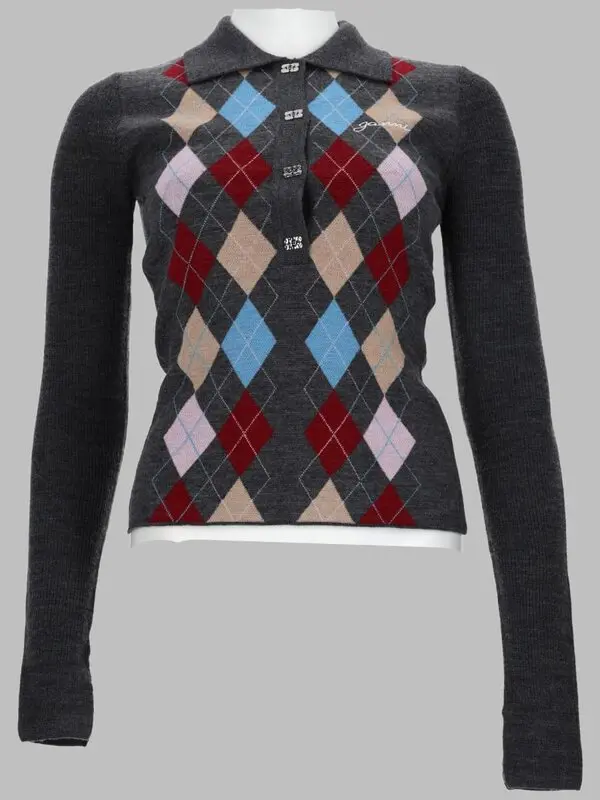 GANNI Maglia Polo A Rombi - Gray