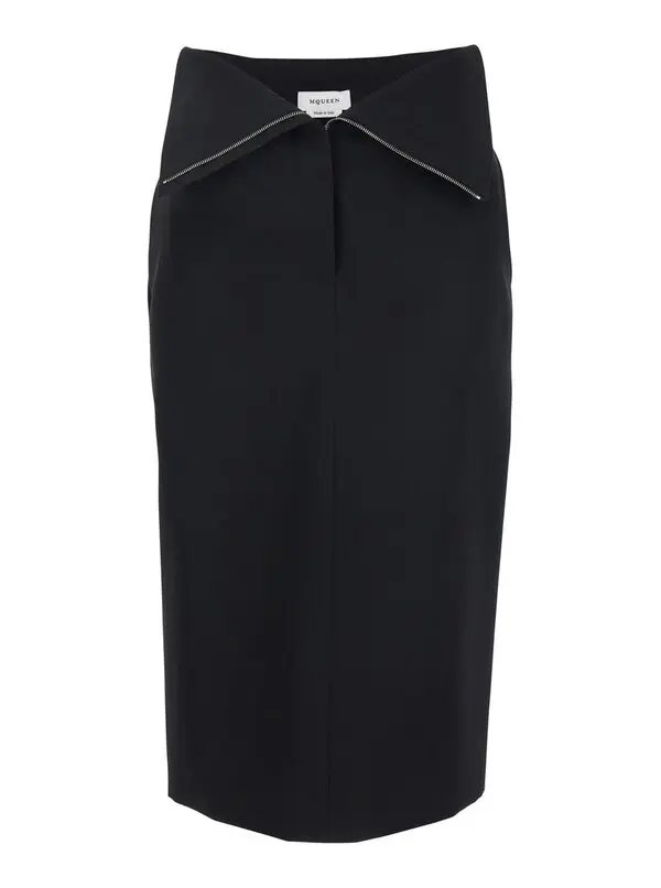Alexander McQueen Black Skirt With Foldover Waist And Rear Single Slit In Wool - Multicolor