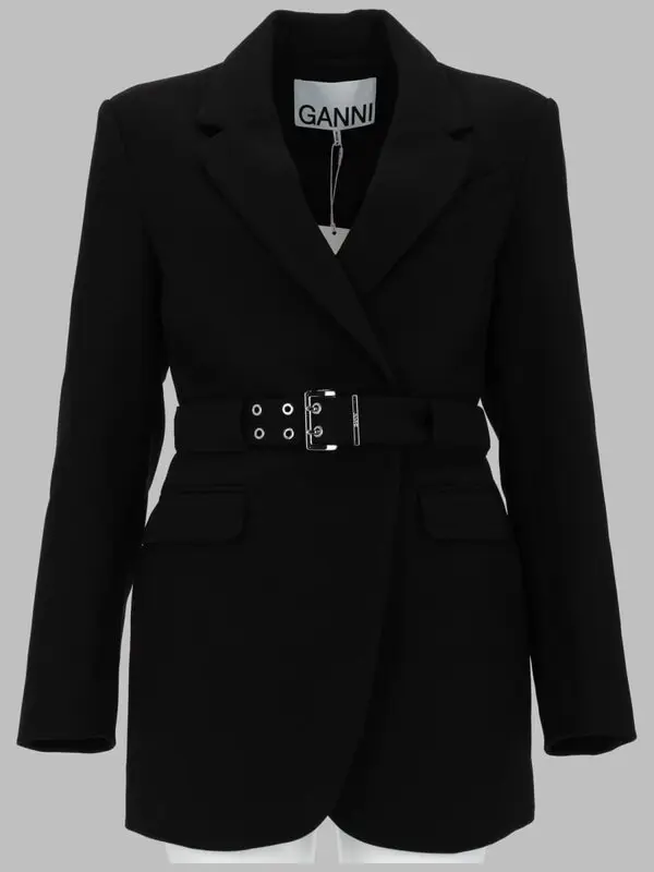 GANNI Crepe Belted Blazer - Black