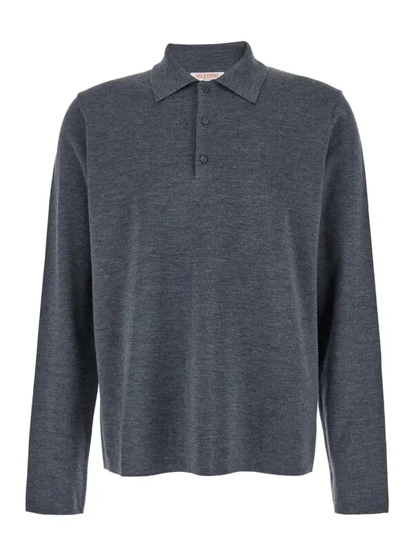 Valentino Garavani Grey Polo Shirt With Classic Collar And Long Sleeves In Wool - Multicolor