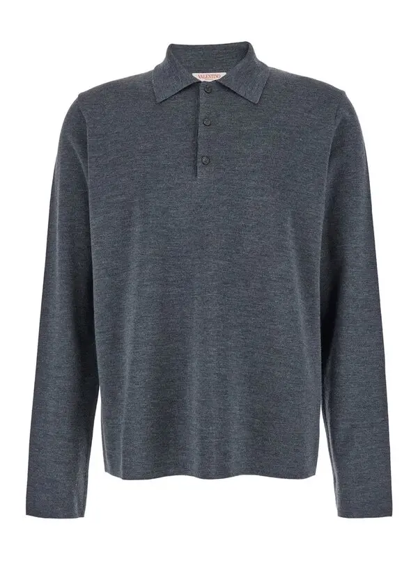 Valentino Garavani Grey Polo Shirt With Classic Collar And Long Sleeves In Wool