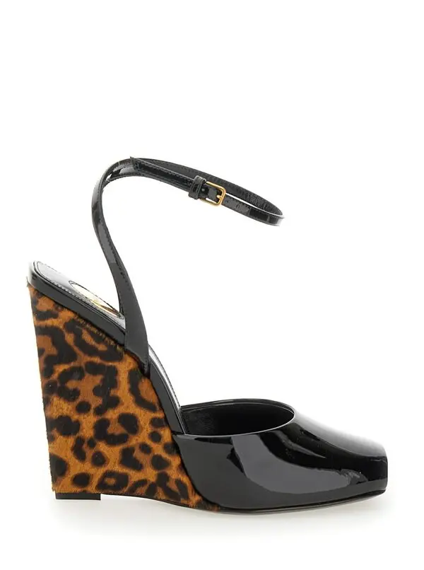 Saint Laurent Scandale' Black Wedges With Animalier Print In Patent Leather - Multicolor