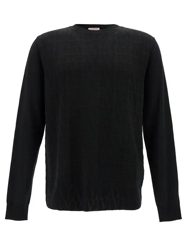 Valentino Garavani Black Crewneck Sweater With Tonal Vlogo Print In Wool Blend - Multicolor