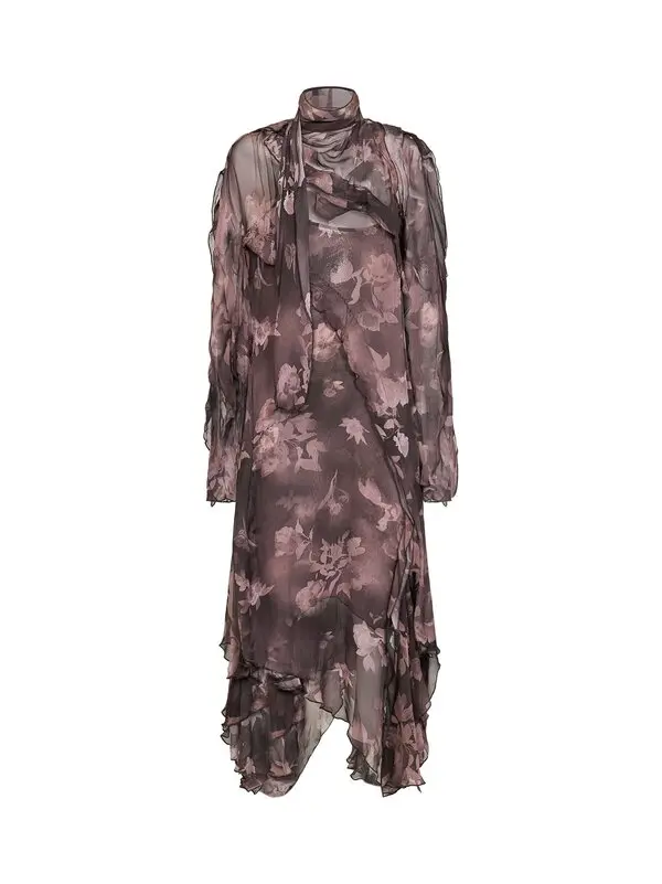 DIESEL® Brown Chiffon And Crêpe D-riadi Asymmetric Midi Dress - Multicolor
