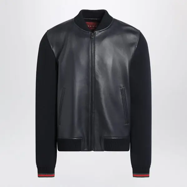 Gucci Navy Nappa Leather And Knit Bomber Jacket